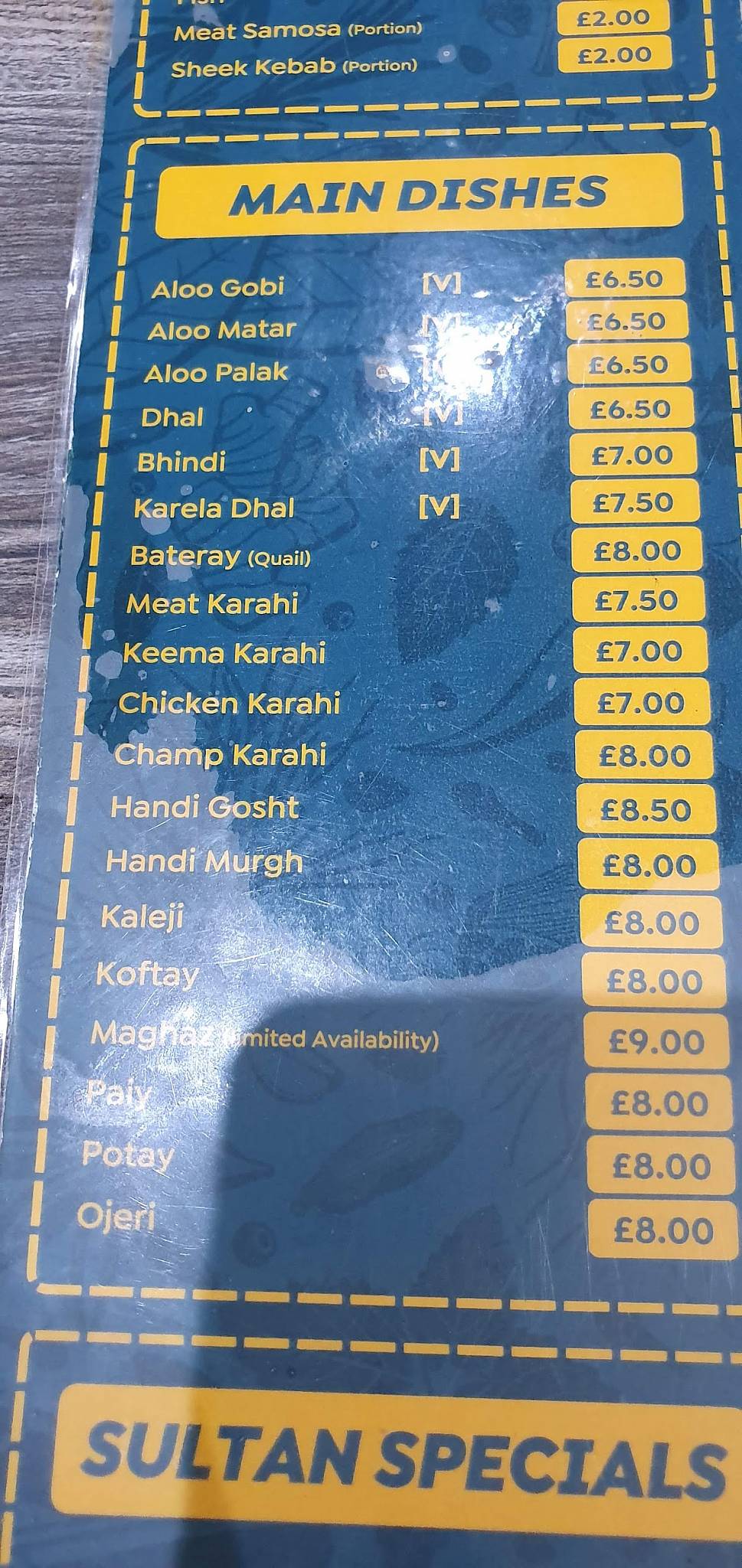 Menu at Sultans Restaurant, Bradford