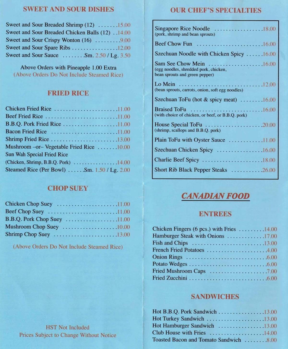 Menu at Sun Wah restaurant, Sudbury
