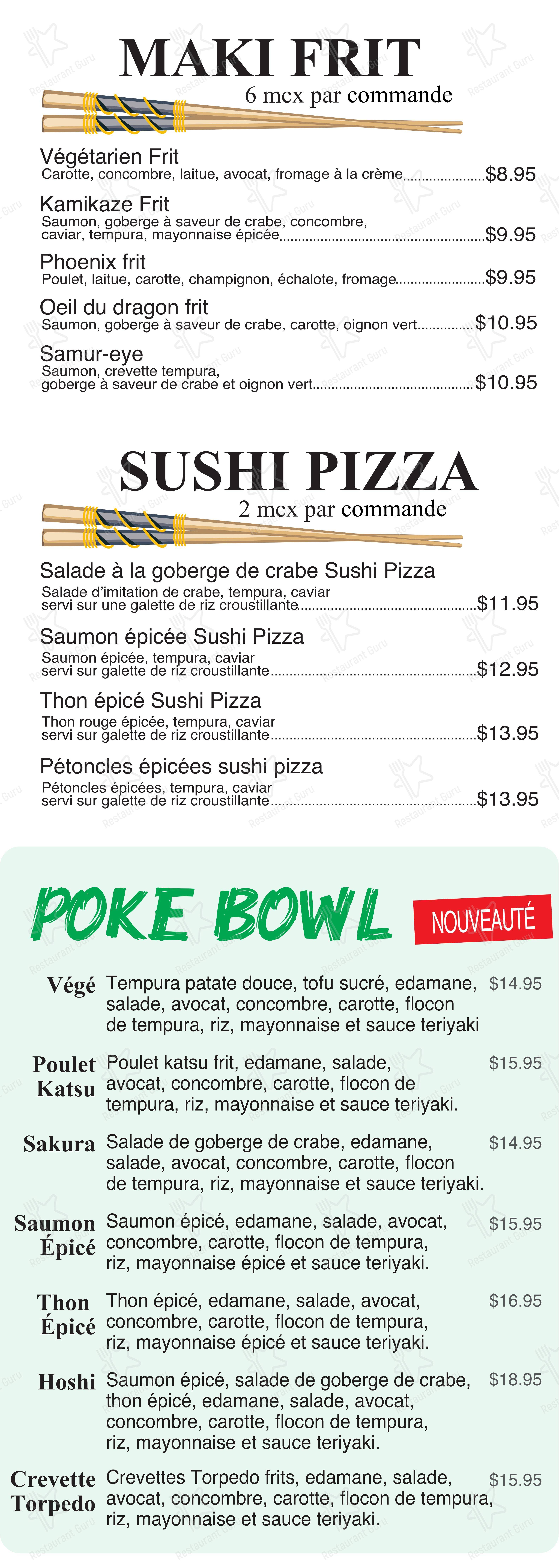 Menu au Sushi Hoshi restaurant, Saint-Jérôme