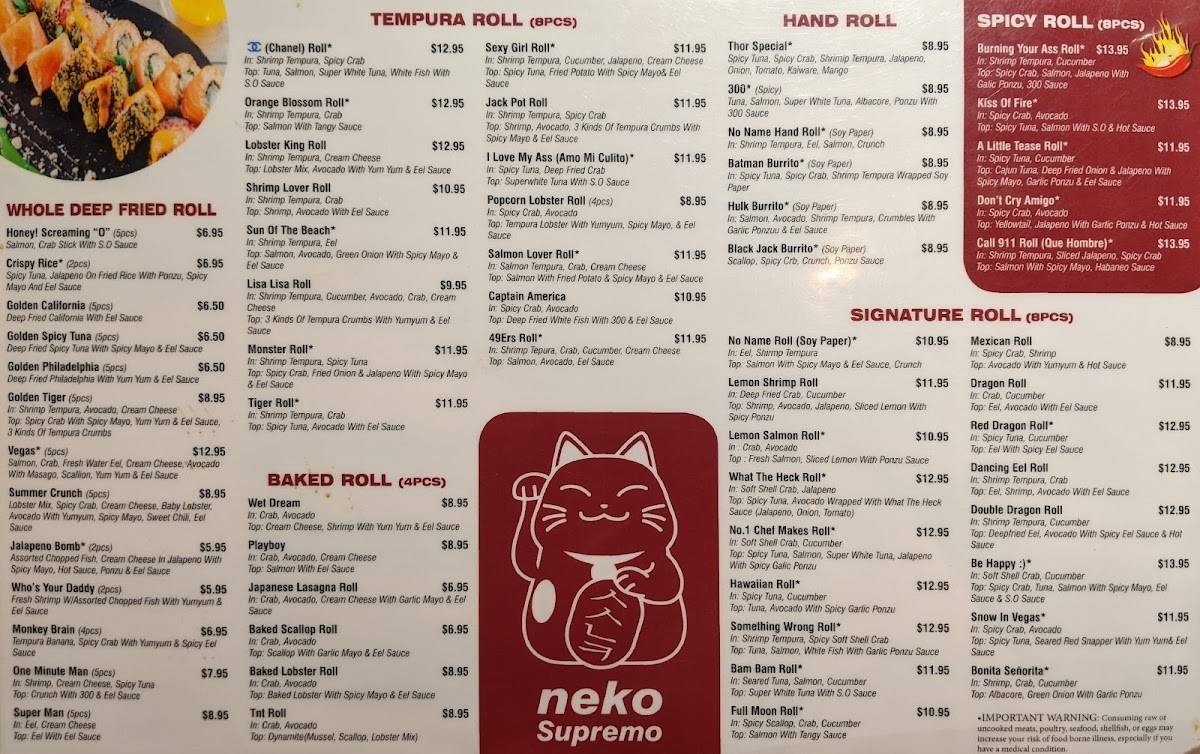 Menu at Sushi Neko restaurant, Las Vegas, W Spring Mountain Rd # 117