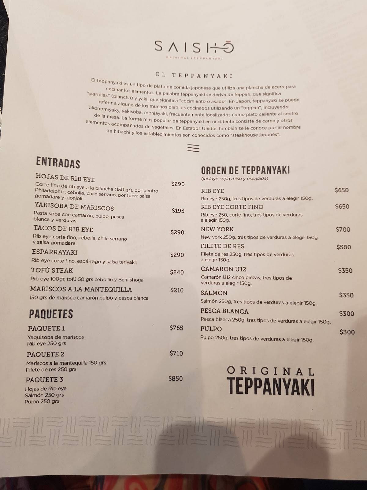 Carta del restaurante Saisho Teppan & Sushi, Mazatlán
