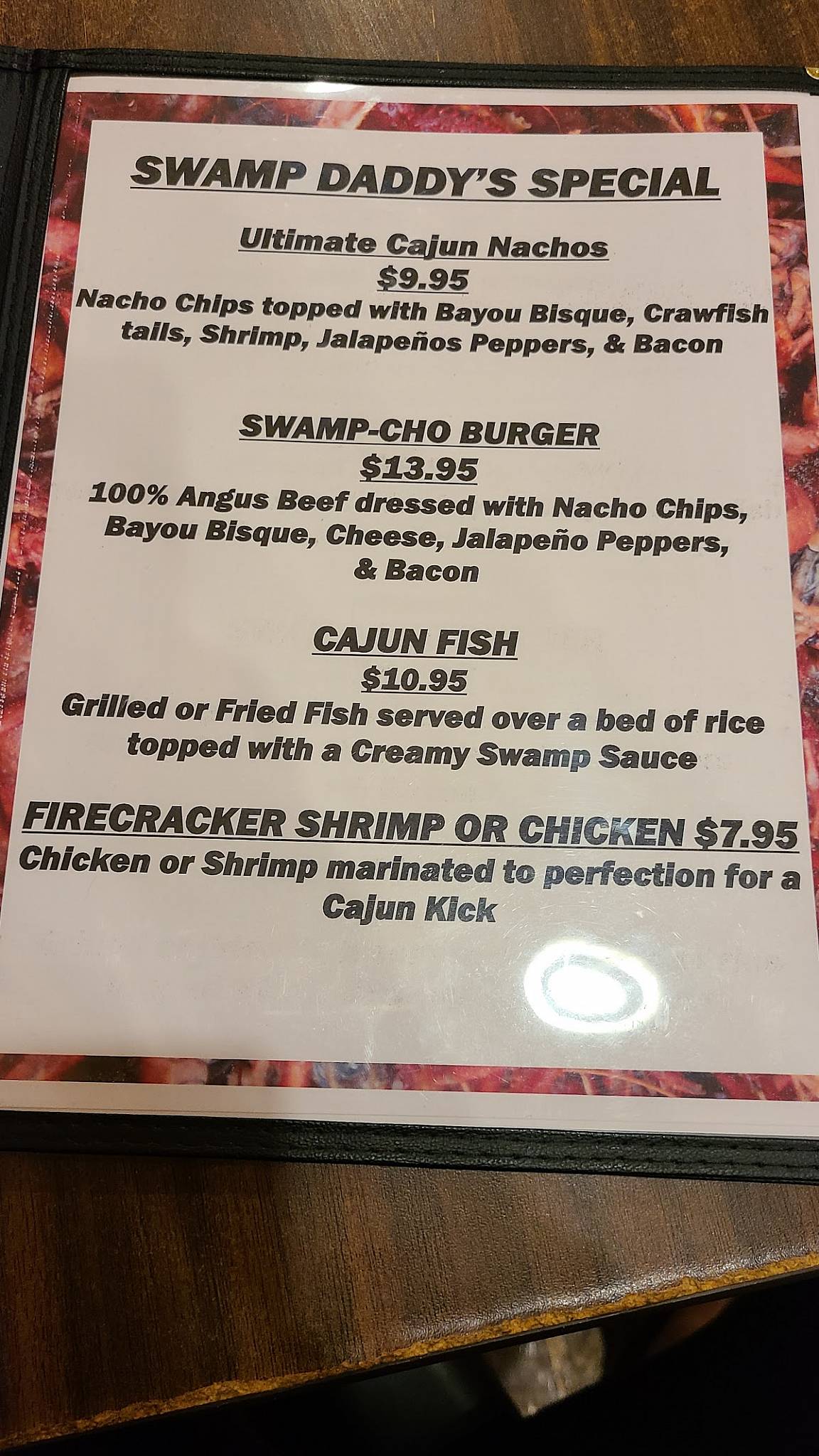 Menu at Swamp Daddy's restaurant, Alexandria, 55 MacArthur Dr