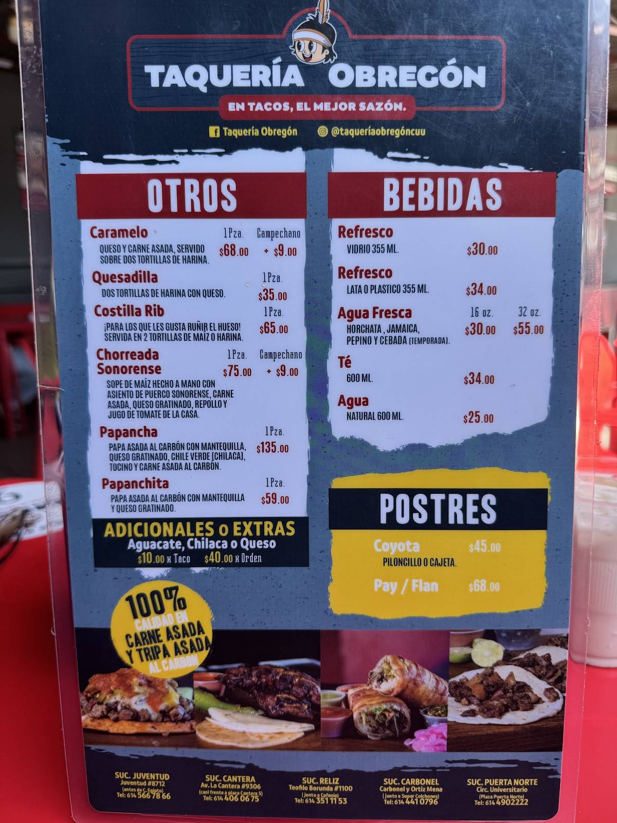 Carta del restaurante Taquería Obregón, Chihuahua, Perif. del la ...