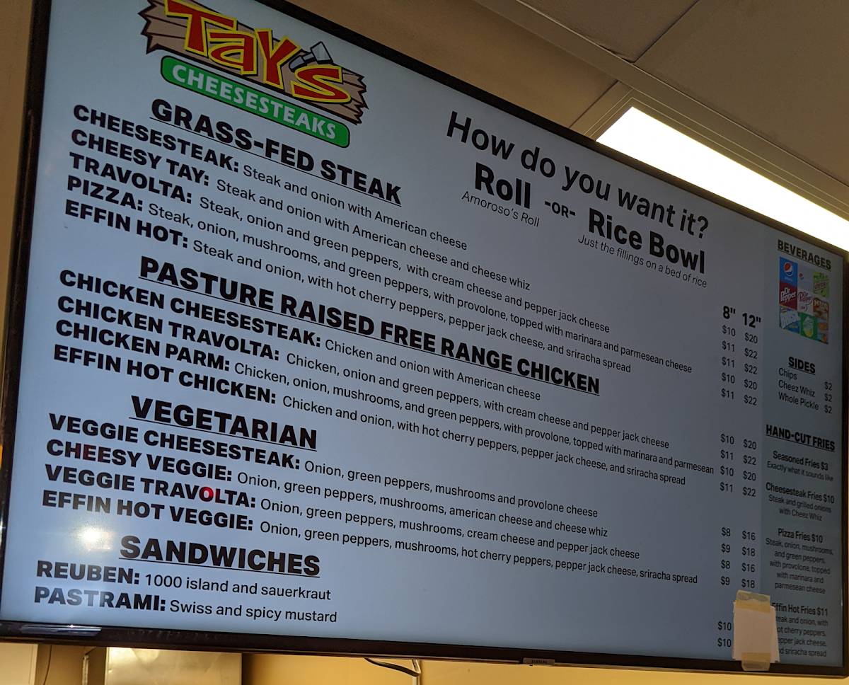 Menu at Tay’s Cheesesteak restaurant, Kansas City