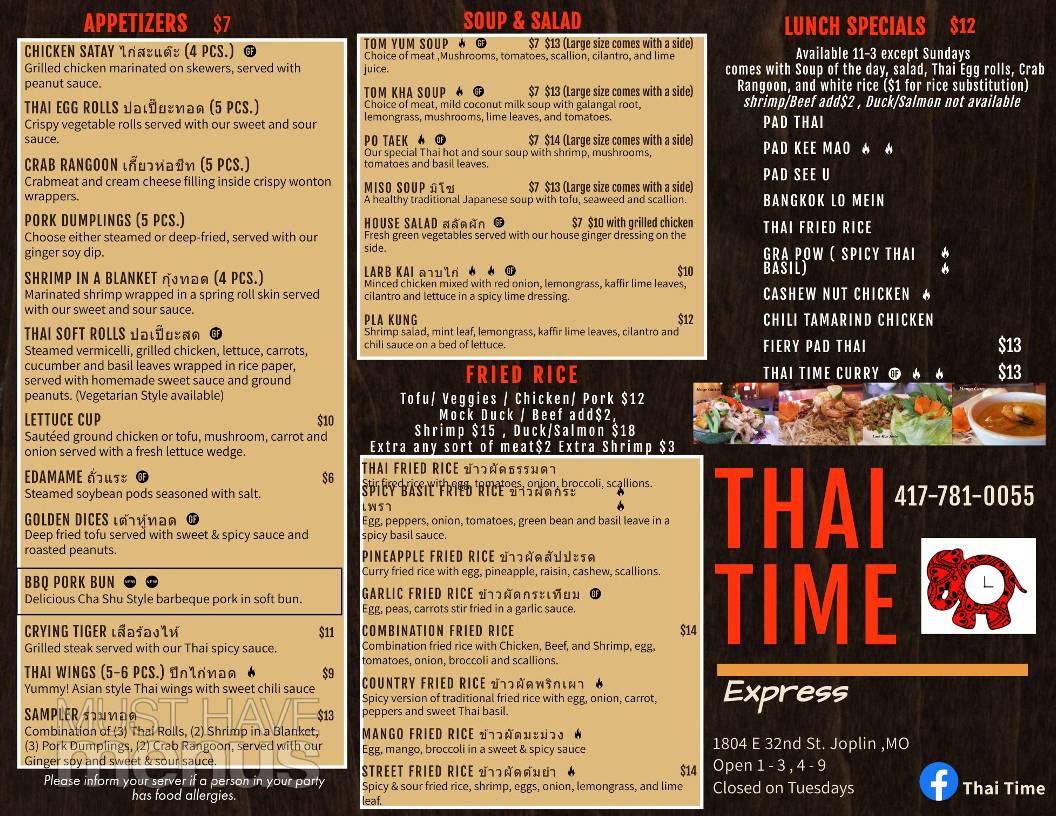 Menu at Thai Time Express restaurant, Joplin