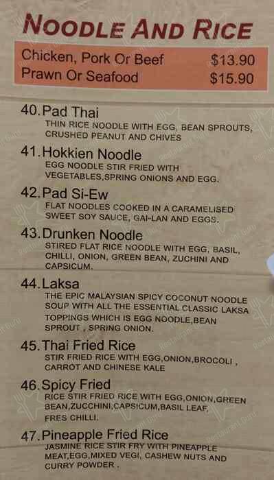 Menu at Thai at Winston restaurant, Yamanto