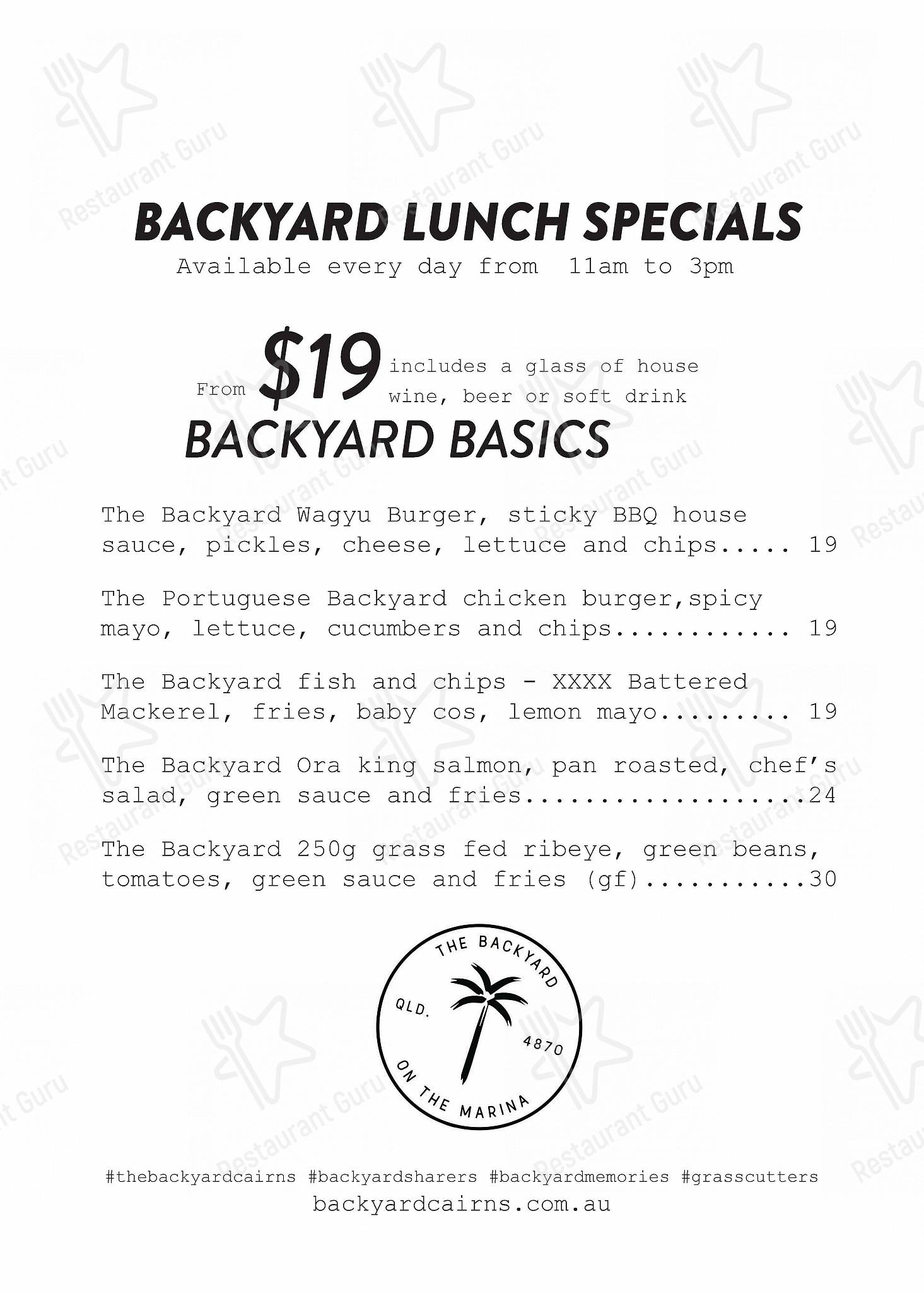 Menu at The Backyard Cairns restaurant, Cairns