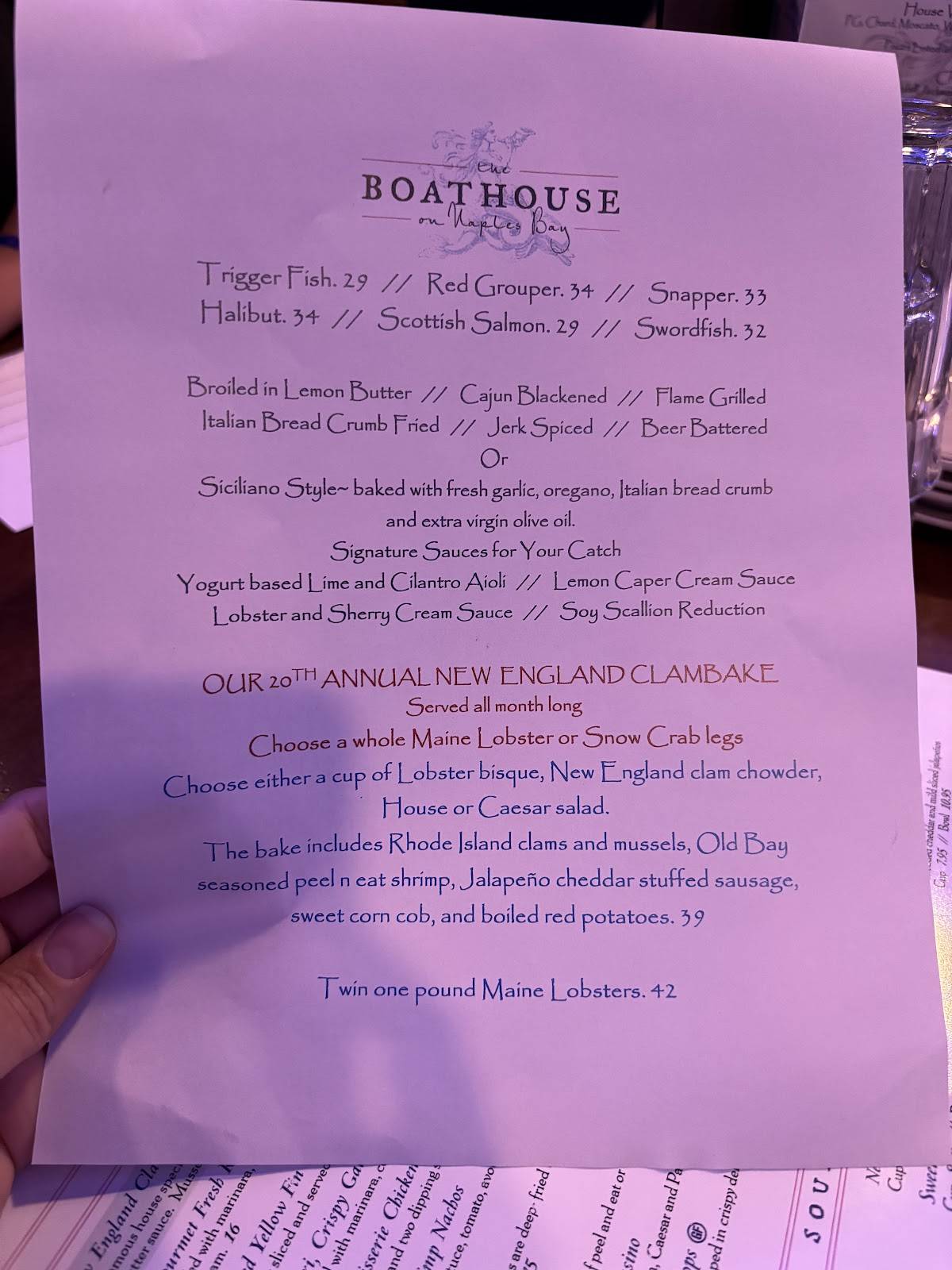 Menu at The Boathouse On Naples Bay restaurant, Naples