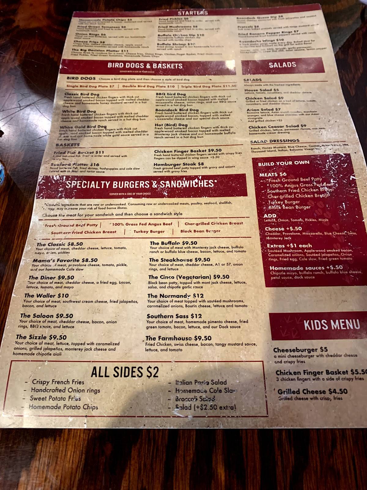 Menu at The Boondocks restaurant, Anderson, North Highway 81 Iva