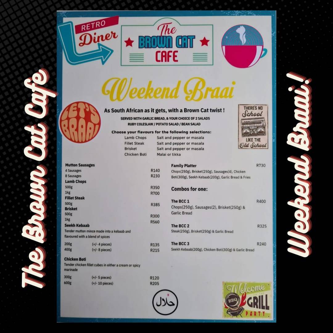 Menu at The Brown Cat Cafe, Outer West Durban