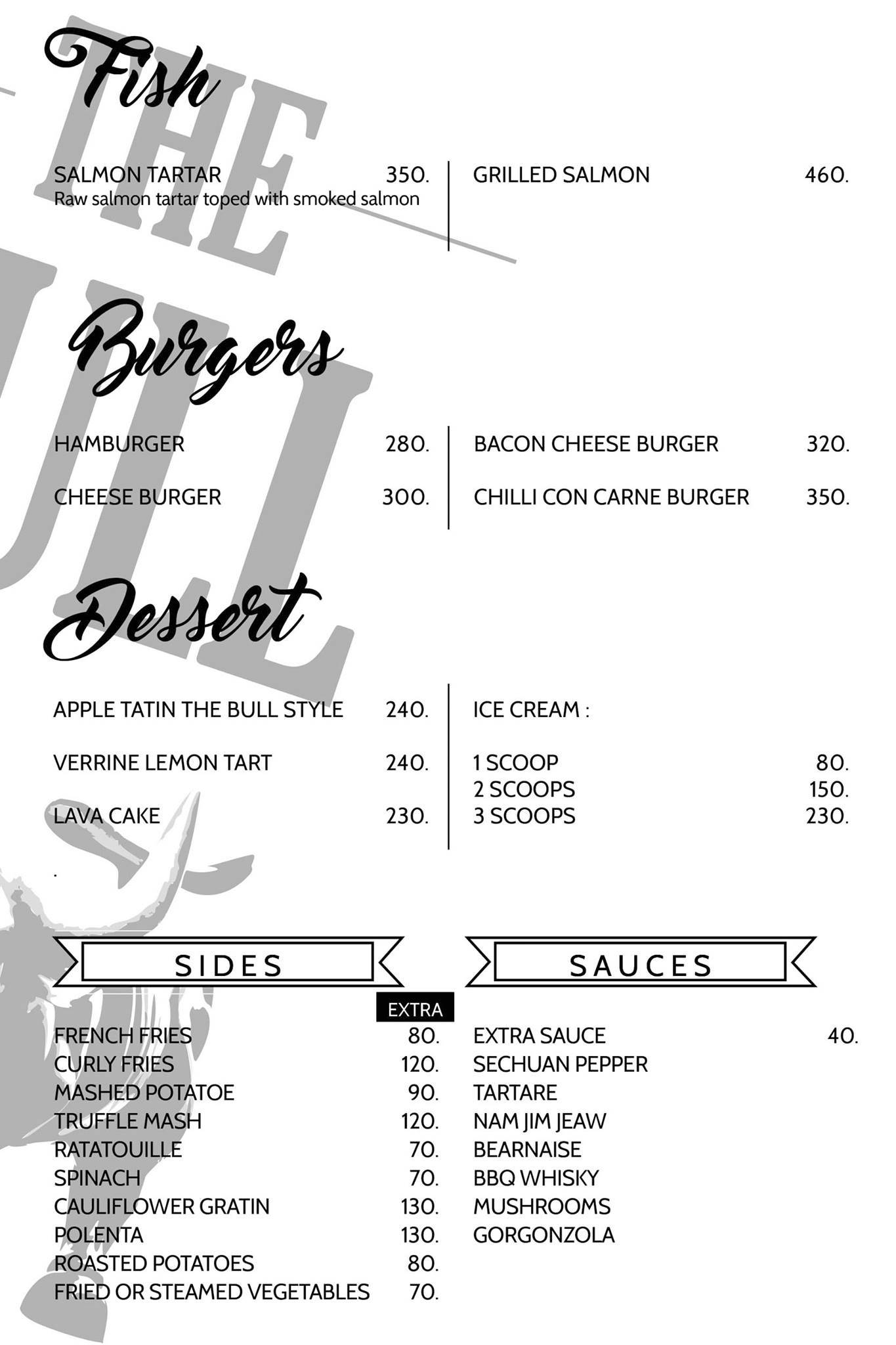 Menu at The Bull restaurant, Pattaya City