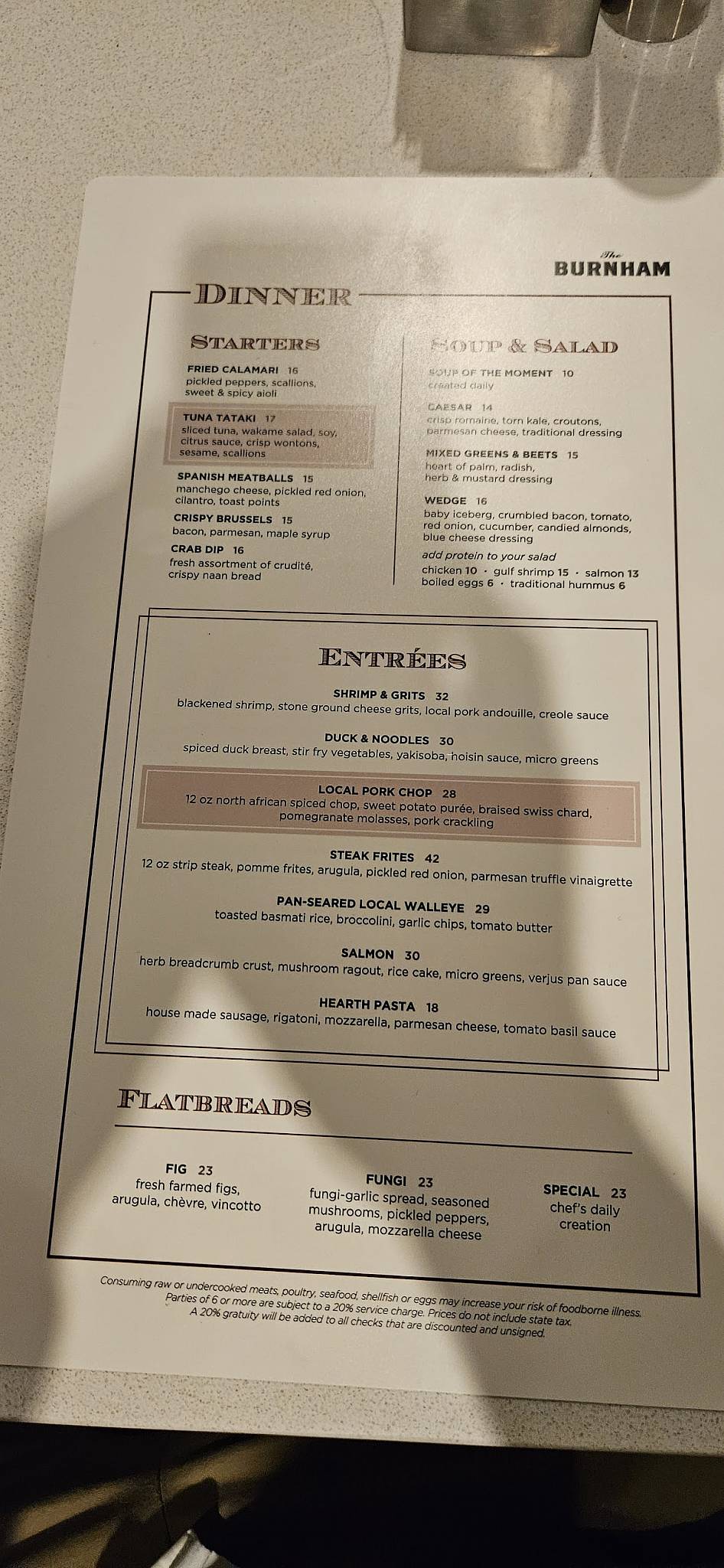Menu at The Burnham restaurant, Cleveland