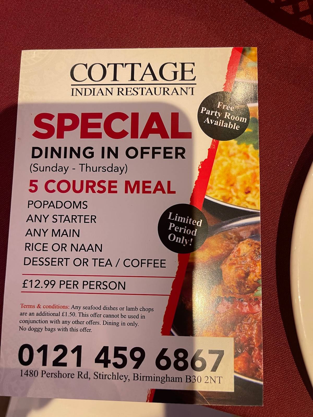 Menu at The Cottage restaurant, Birmingham, Pershore Rd