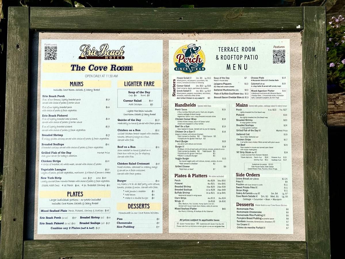 Menu at The Cove Room restaurant, Port Dover