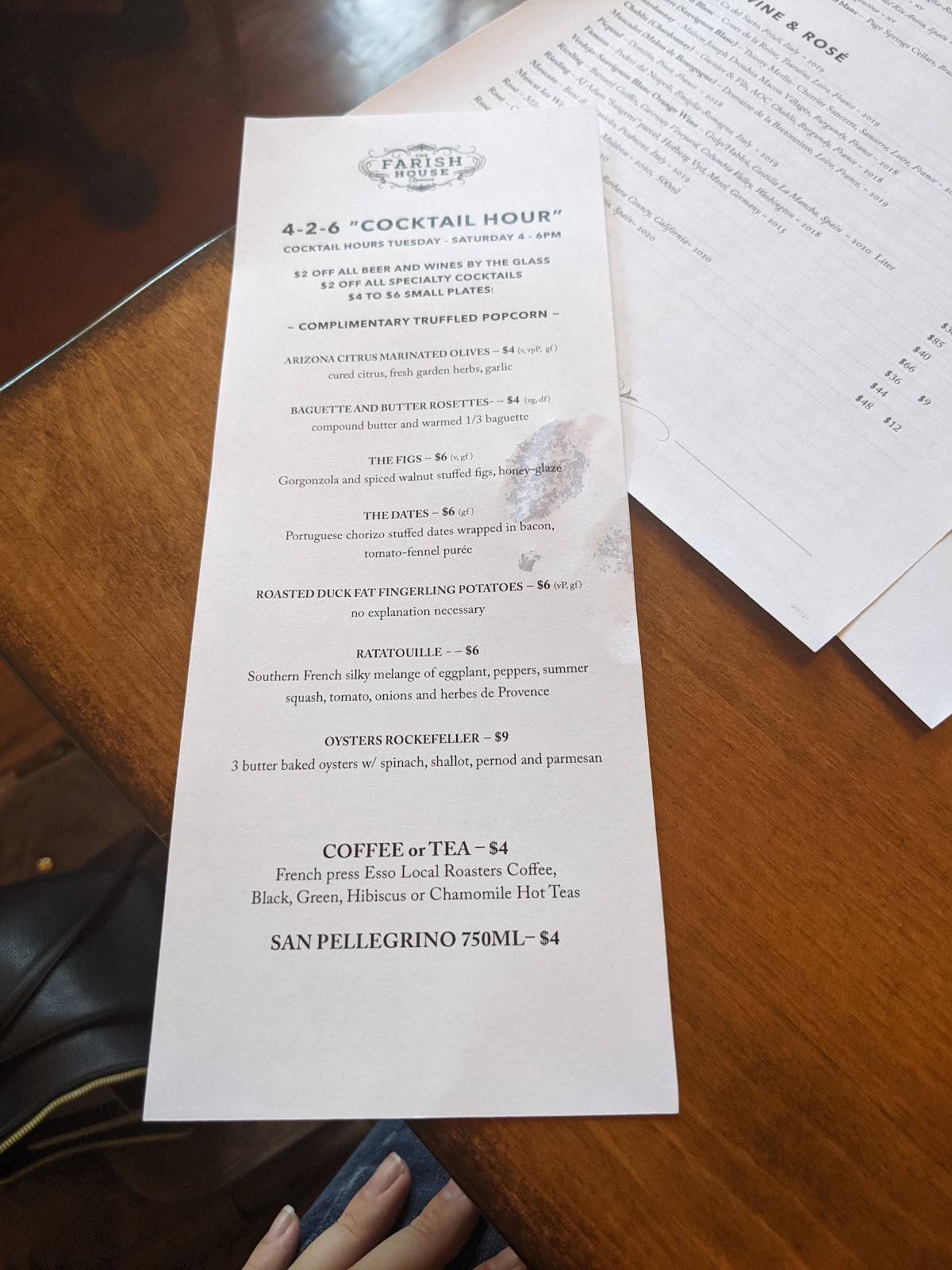 Menu at The Farish House restaurant, Phoenix
