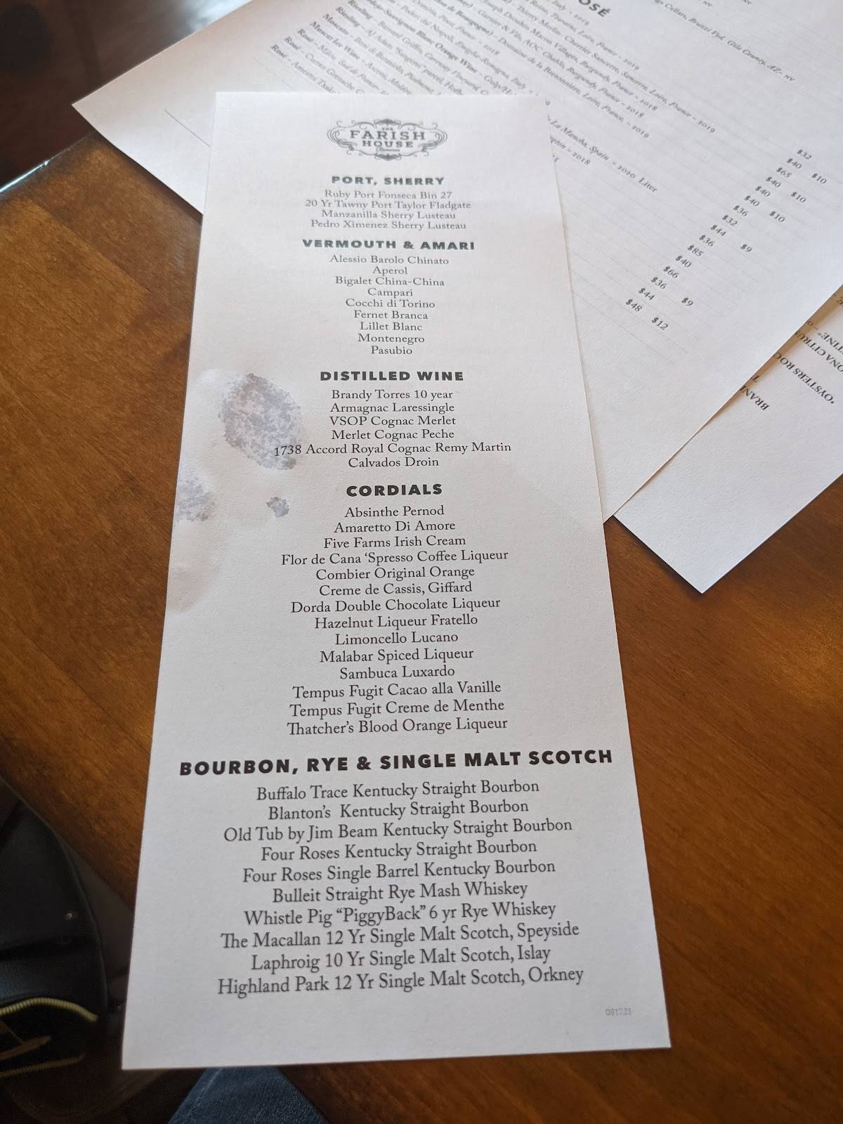 Menu at The Farish House restaurant, Phoenix