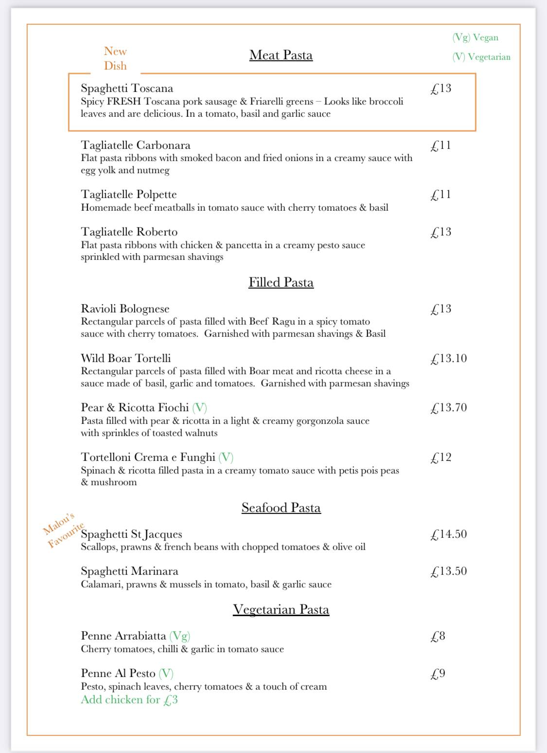 Menu at The Ginger Italian restaurant, Carshalton