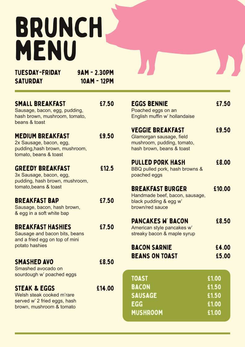 Menu at The Greedy Pig restaurant, Porthcawl, 11 New Rd