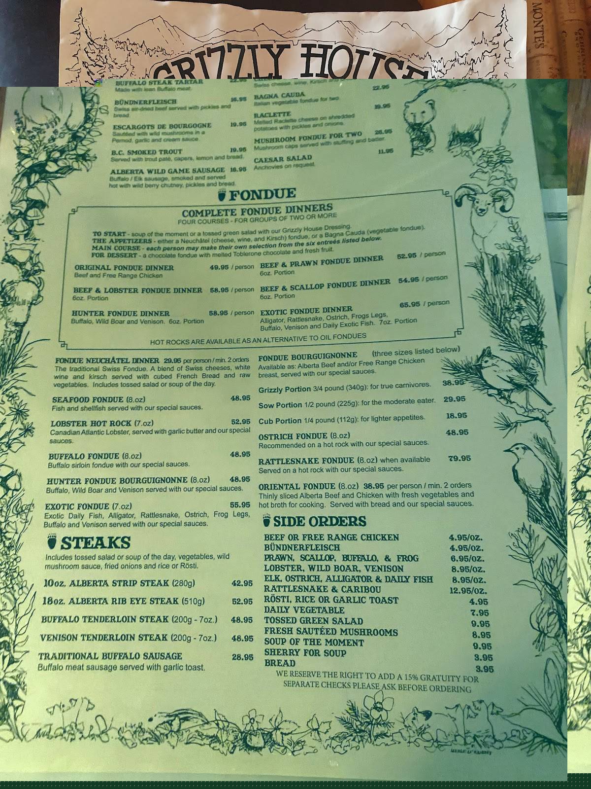 Menu at The Grizzly House restaurant, Banff