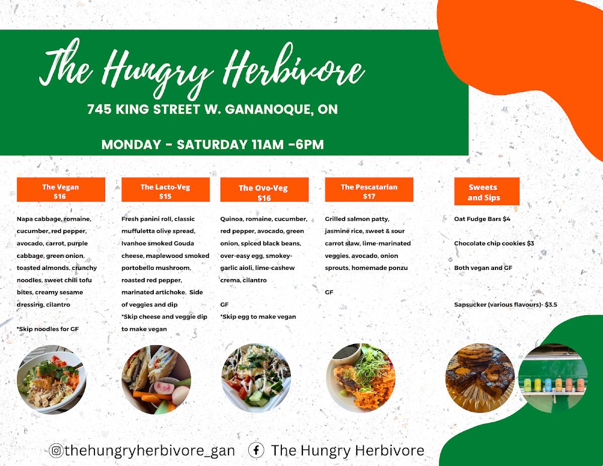 Menu at The Hungry Herbivore (food truck) restaurant, Gananoque