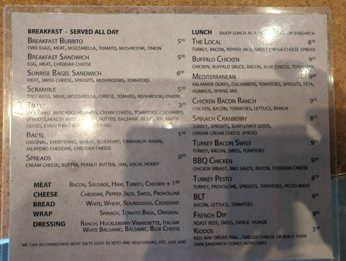 Menu at The Local cafe, Gillette