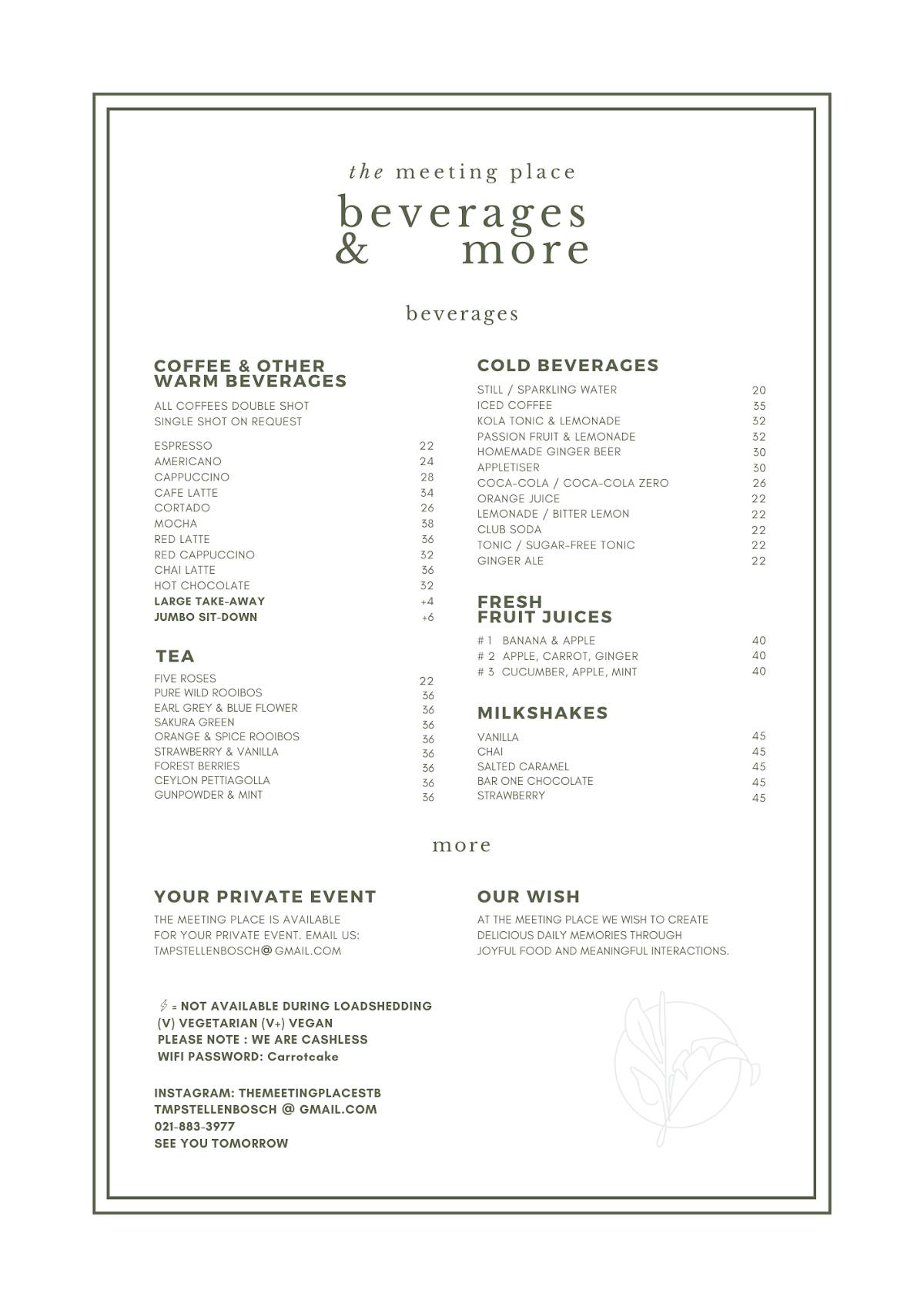 Menu at The Meeting Place. restaurant, Stellenbosch, 87 Dorp St