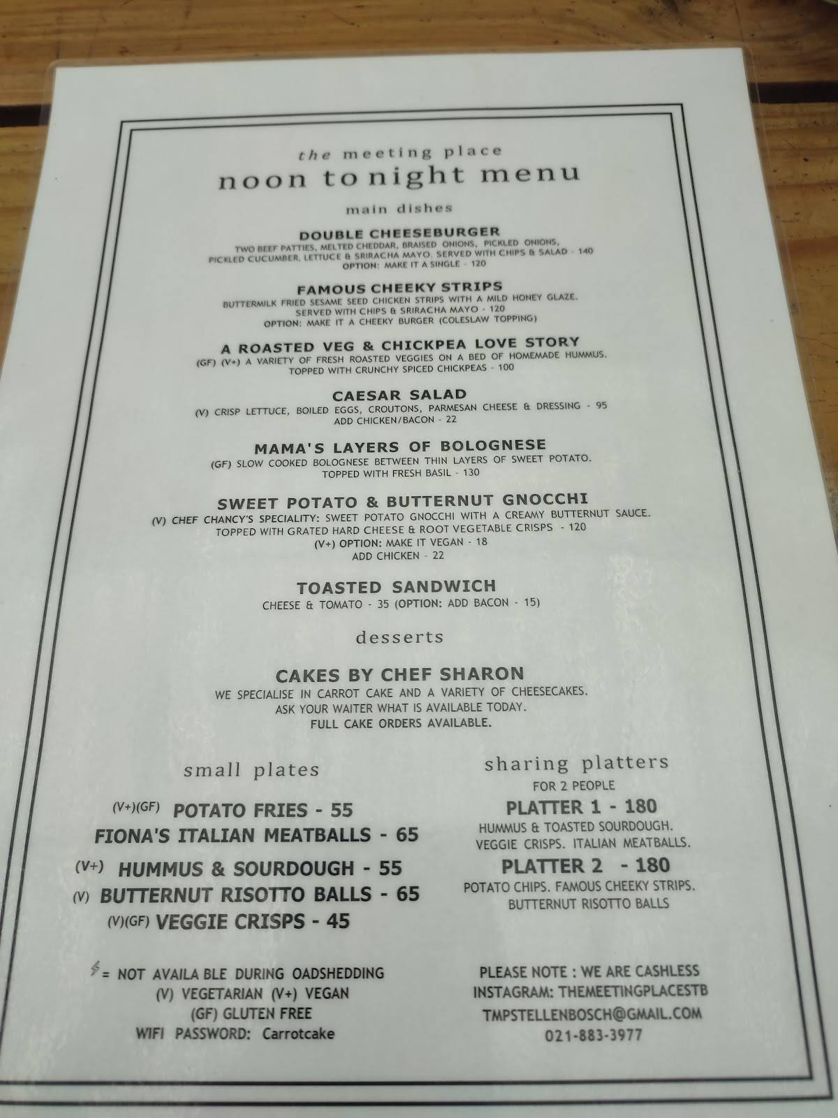 Menu at The Meeting Place. restaurant, Stellenbosch, 87 Dorp St