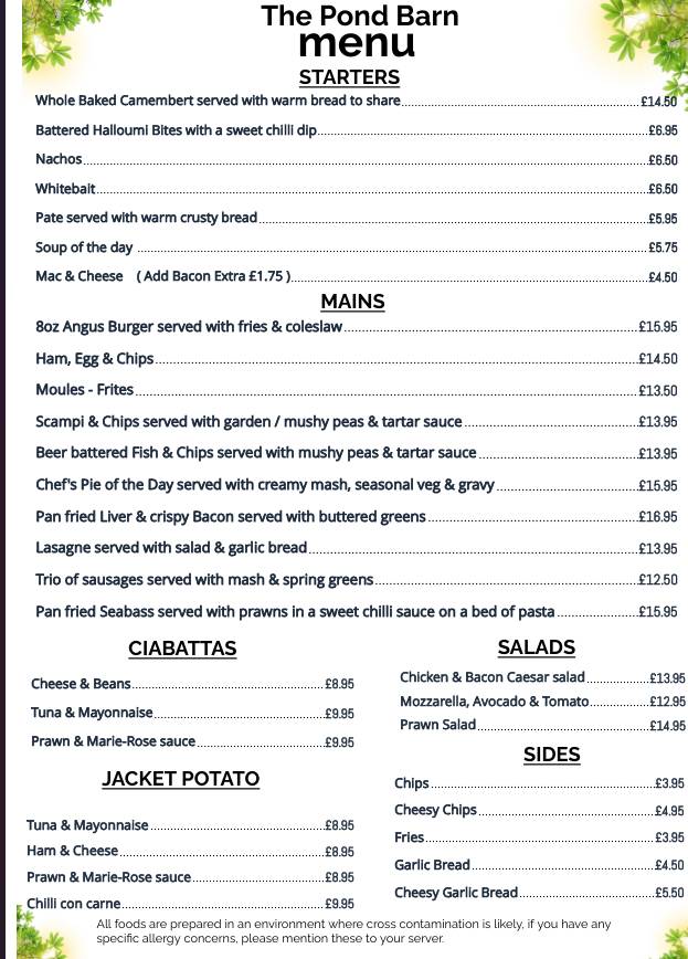 Menu at The Pond Barn, East Wittering