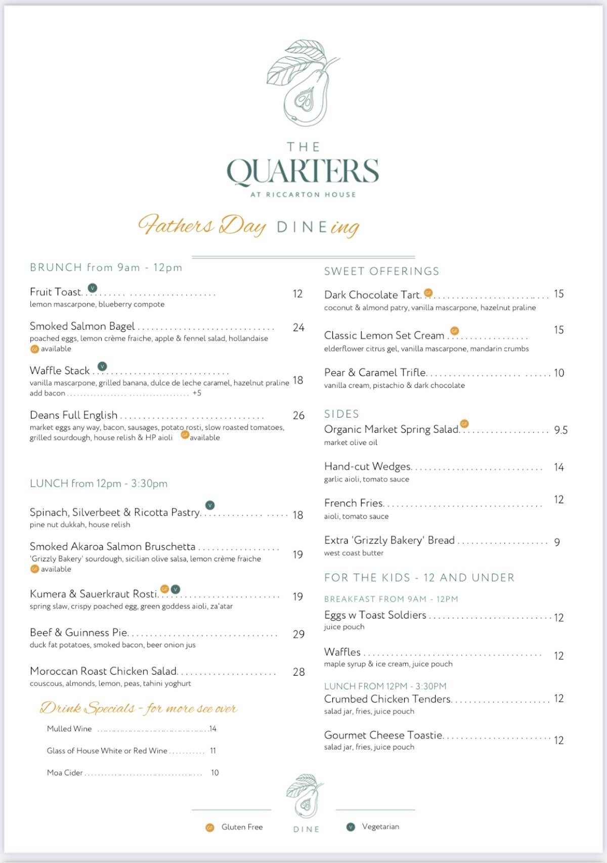 Menu at The Quarters at Riccarton House restaurant, Christchurch