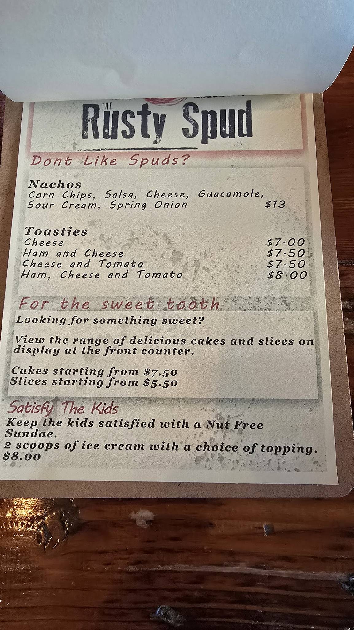 Menu at The Rusty Spud restaurant, Ballarat Central