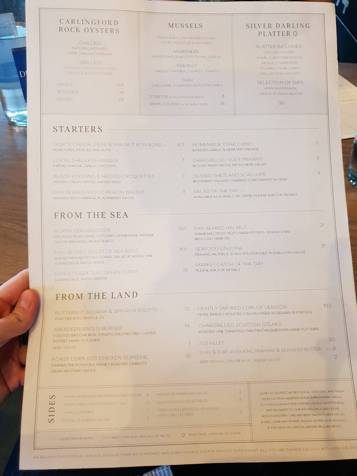 Menu at The Silver Darling restaurant, Aberdeen
