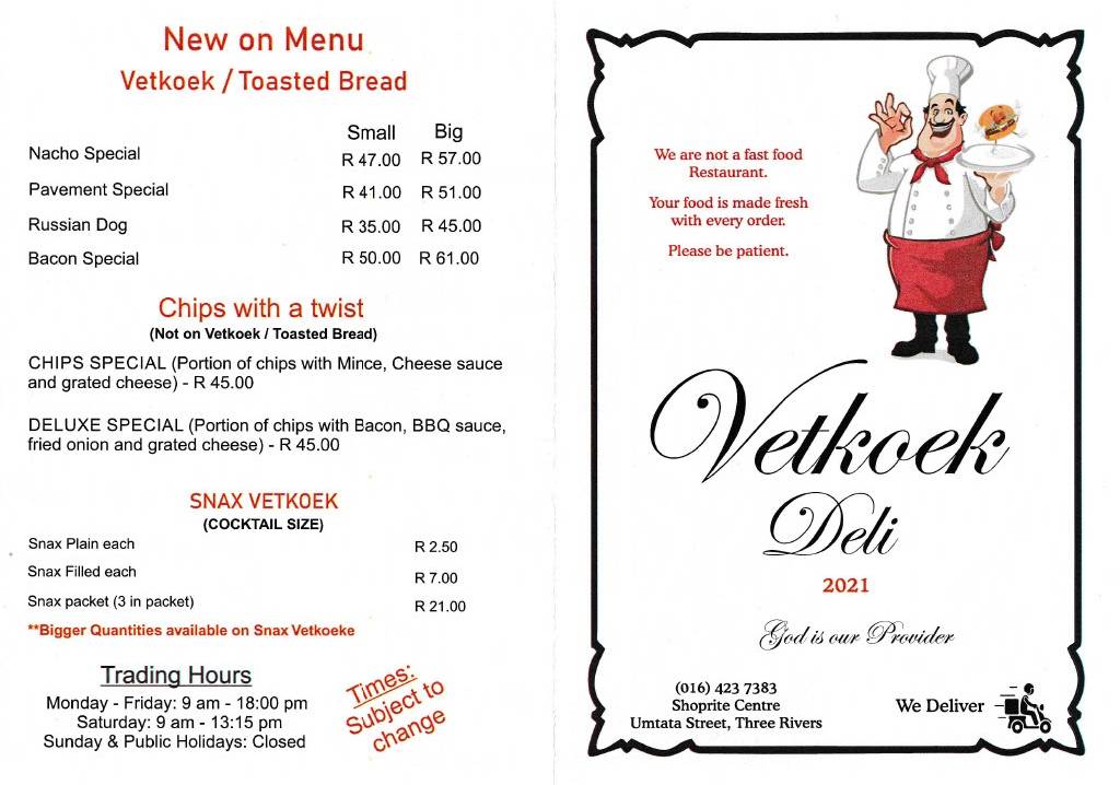 Menu at The Vetkoek Deli restaurant, Vereeniging