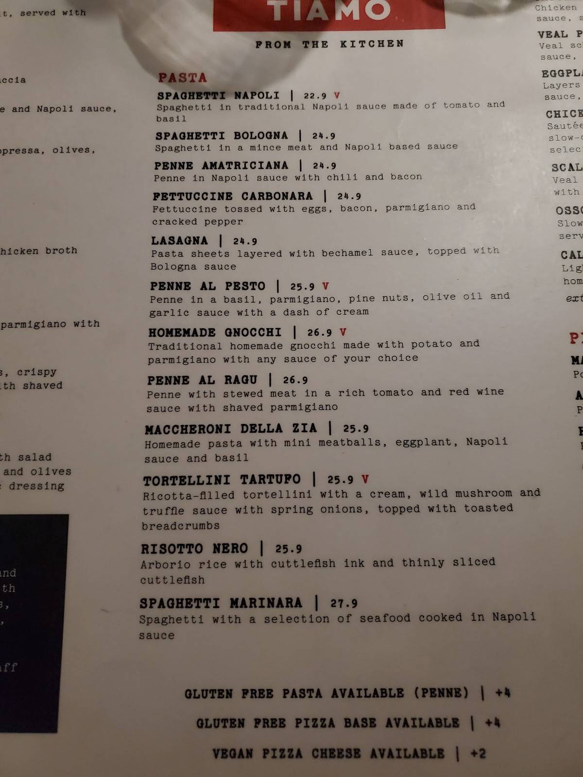 Menu at Tiamo restaurant, Carlton