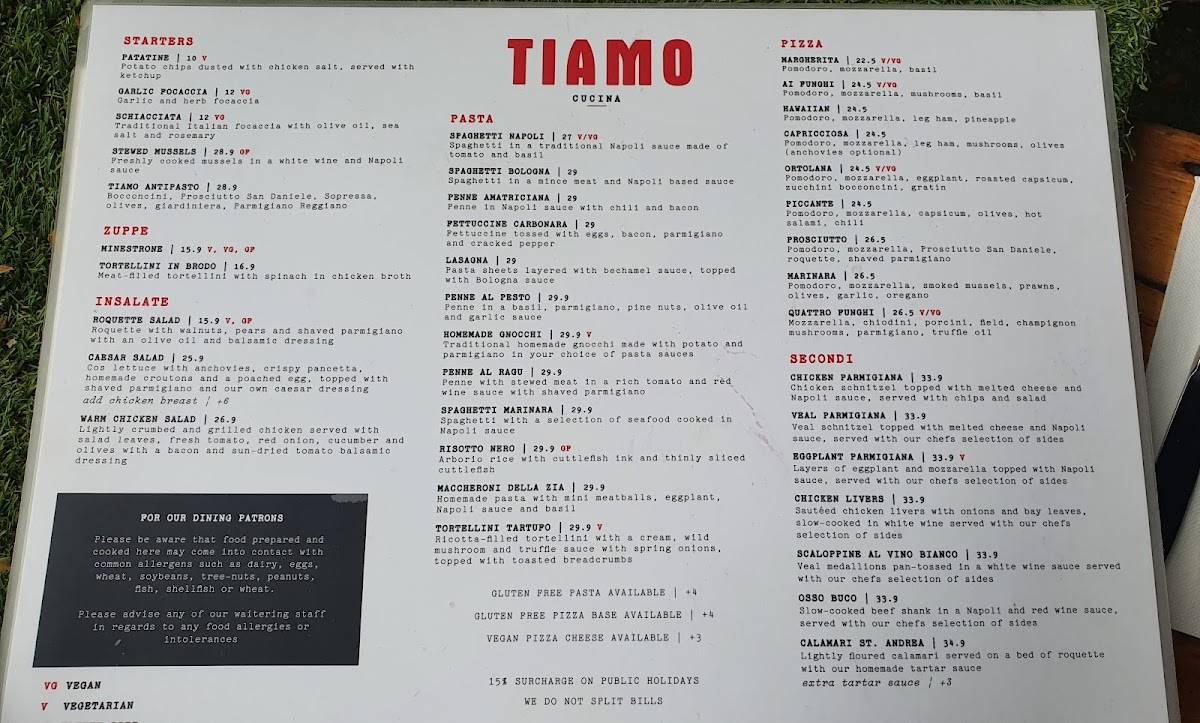 Menu at Tiamo restaurant, Carlton