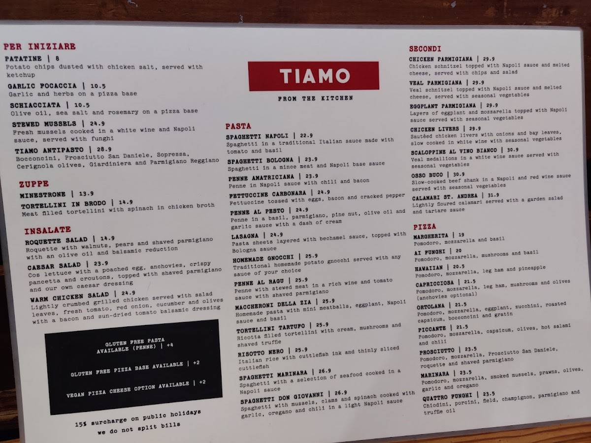 Menu at Tiamo restaurant, Carlton