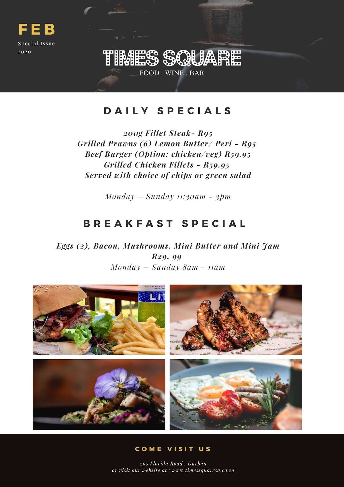 Menu at Times Square Durban restaurant, Durban