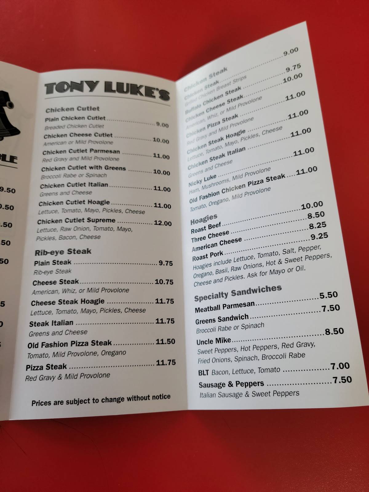 Menu at Tony and Nick's Steaks fast food, Philadelphia, 39 E Oregon Ave