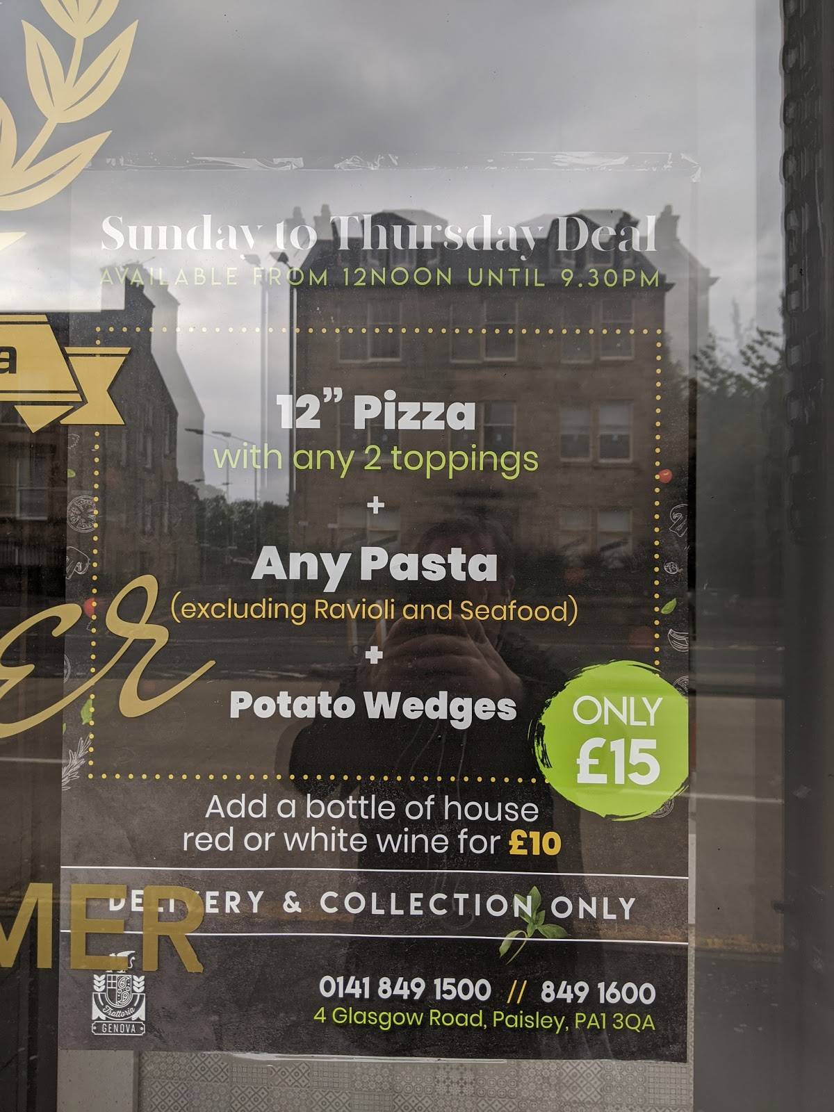 Menu at Trattoria Genova restaurant, Paisley