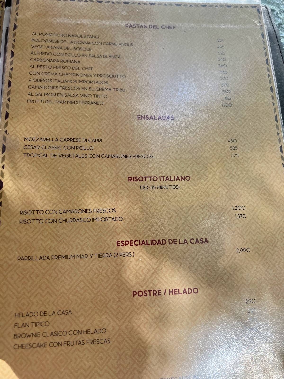 Carta de Tribu restaurante, Santo Domingo