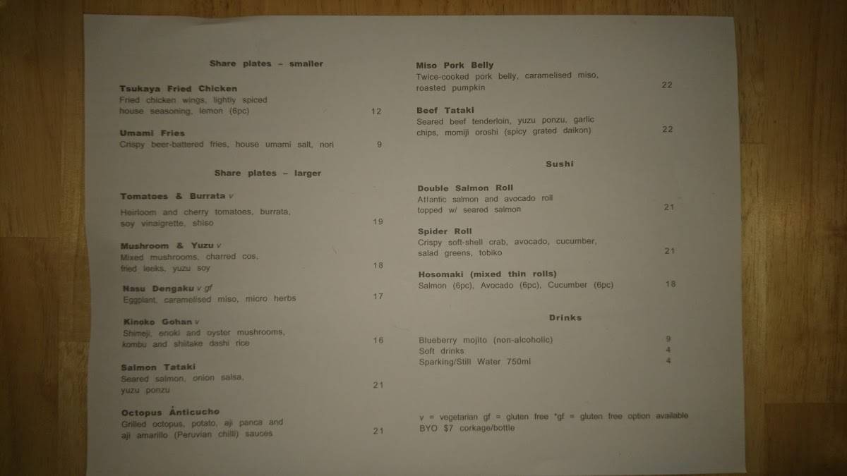 Menu at Tsukaya Restaurant, Mount Hawthorn