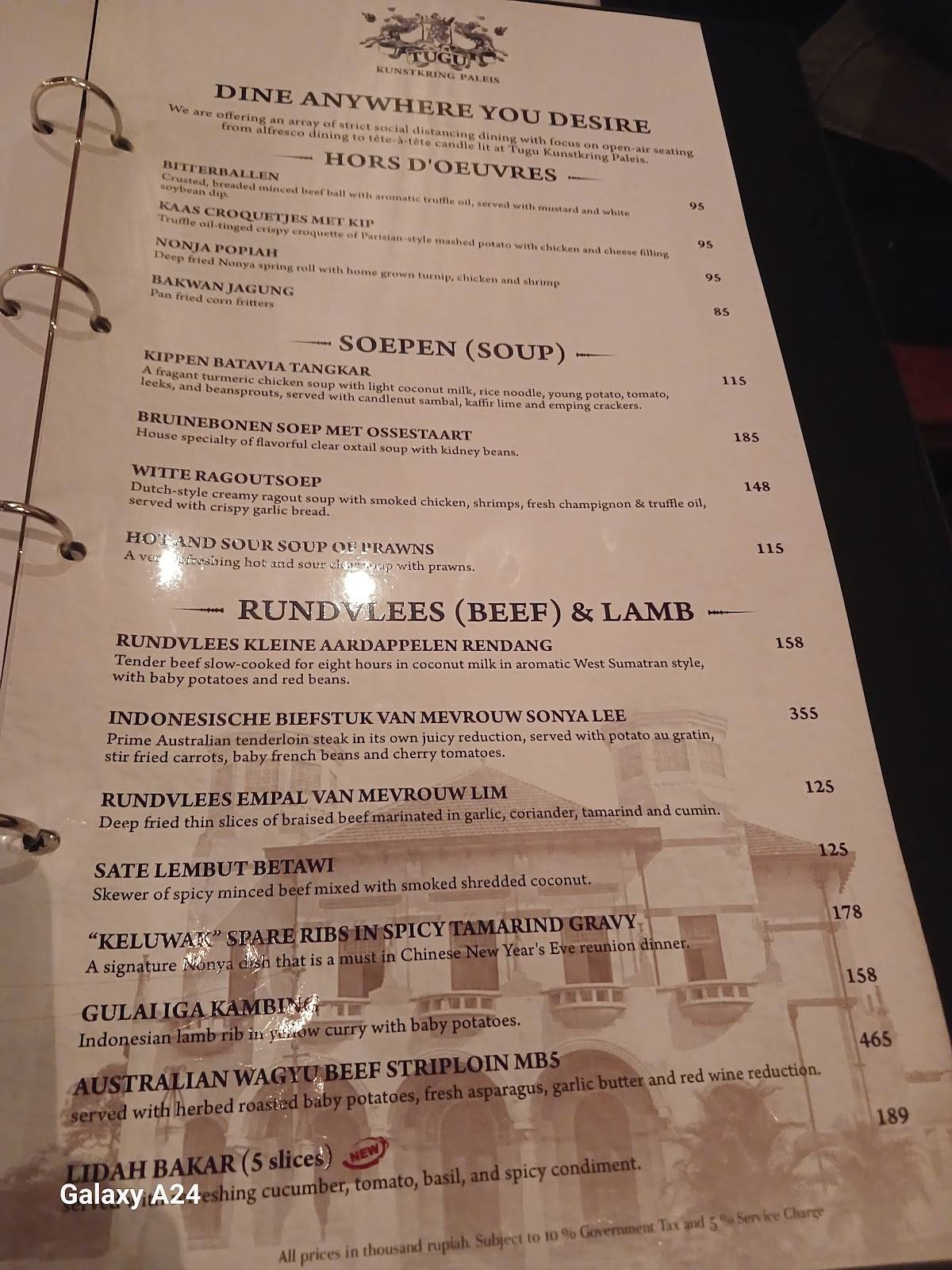 Menu at Tugu Kunstkring Paleis restaurant, Jakarta, Jalan Teuku Umar.1