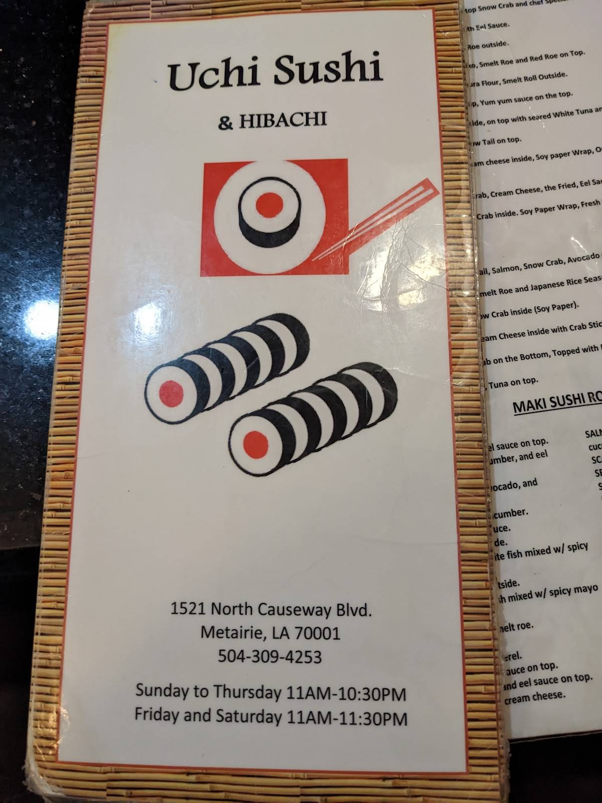 Menu at Uchi Sushi & Hibachi restaurant, Metairie