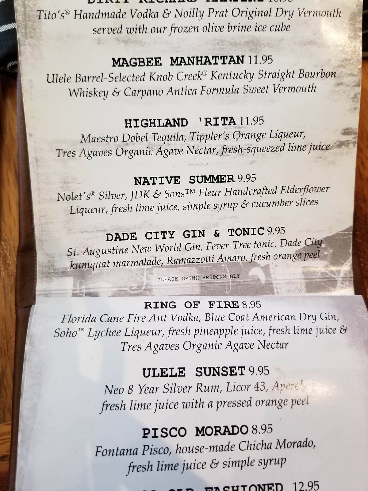 Menu at Ulele restaurant, Tampa, N Highland Ave