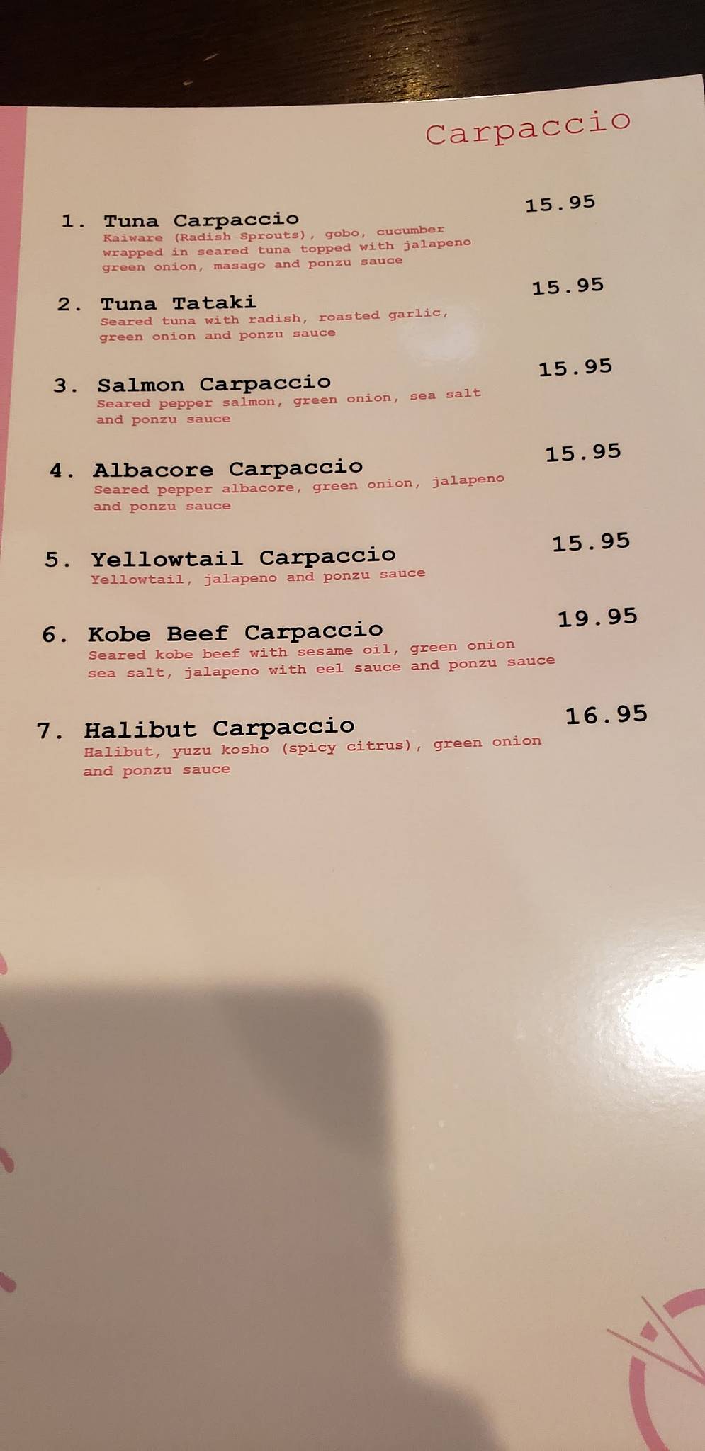 Menu at Vanilla Fish restaurant, Chino Hills