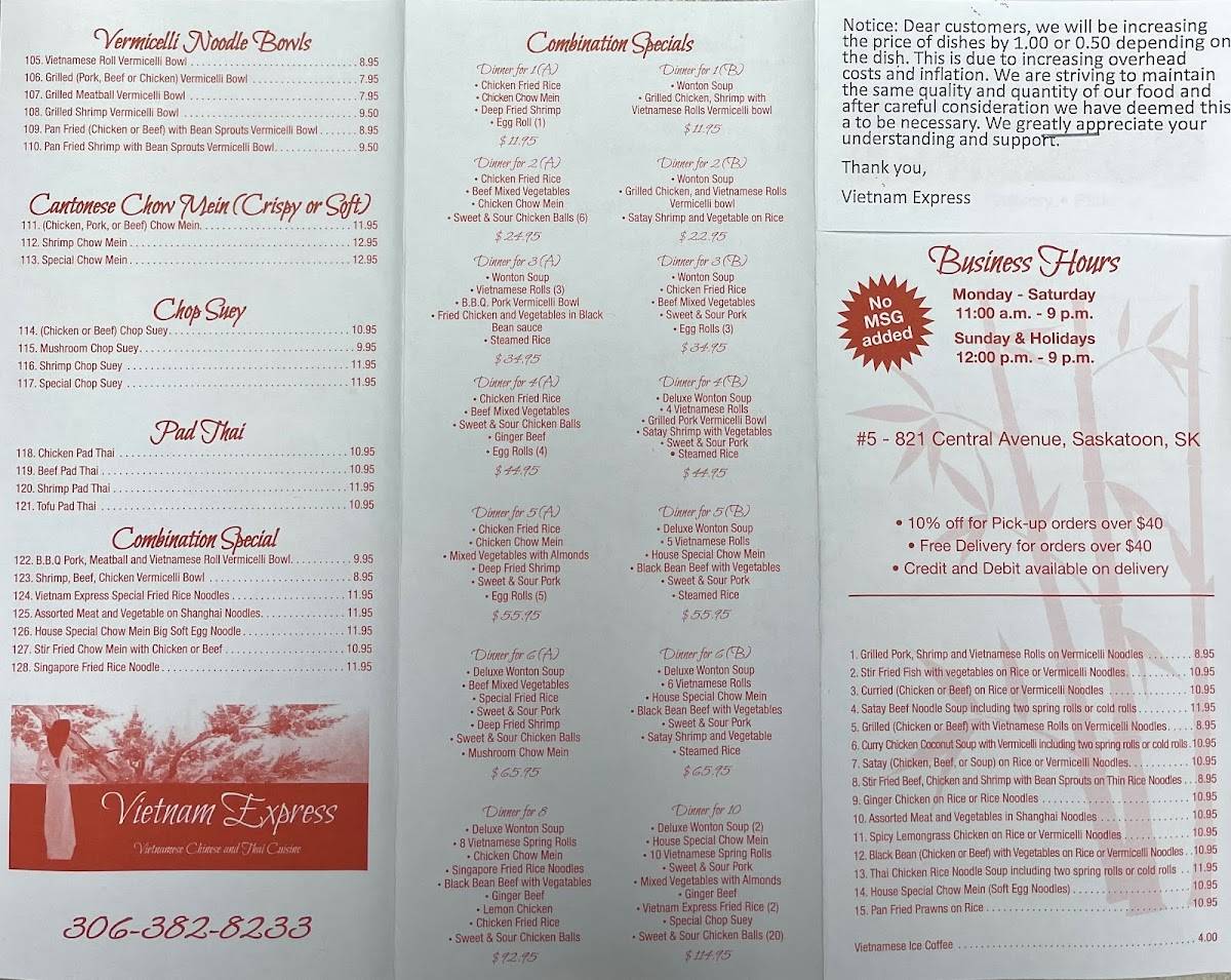 Menu at Vietnam Express restaurant, Saskatoon