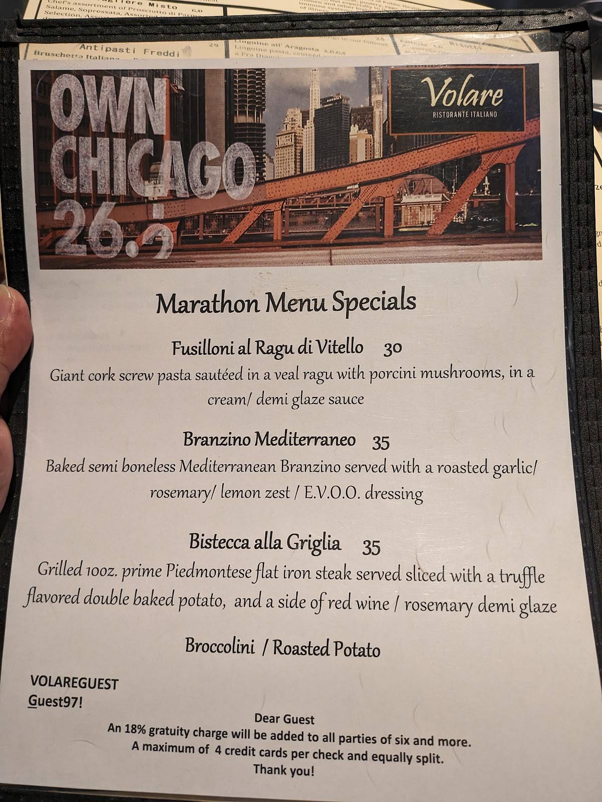 Menu at Volare Ristorante Italiano restaurant, Chicago, 201 E Grand Ave