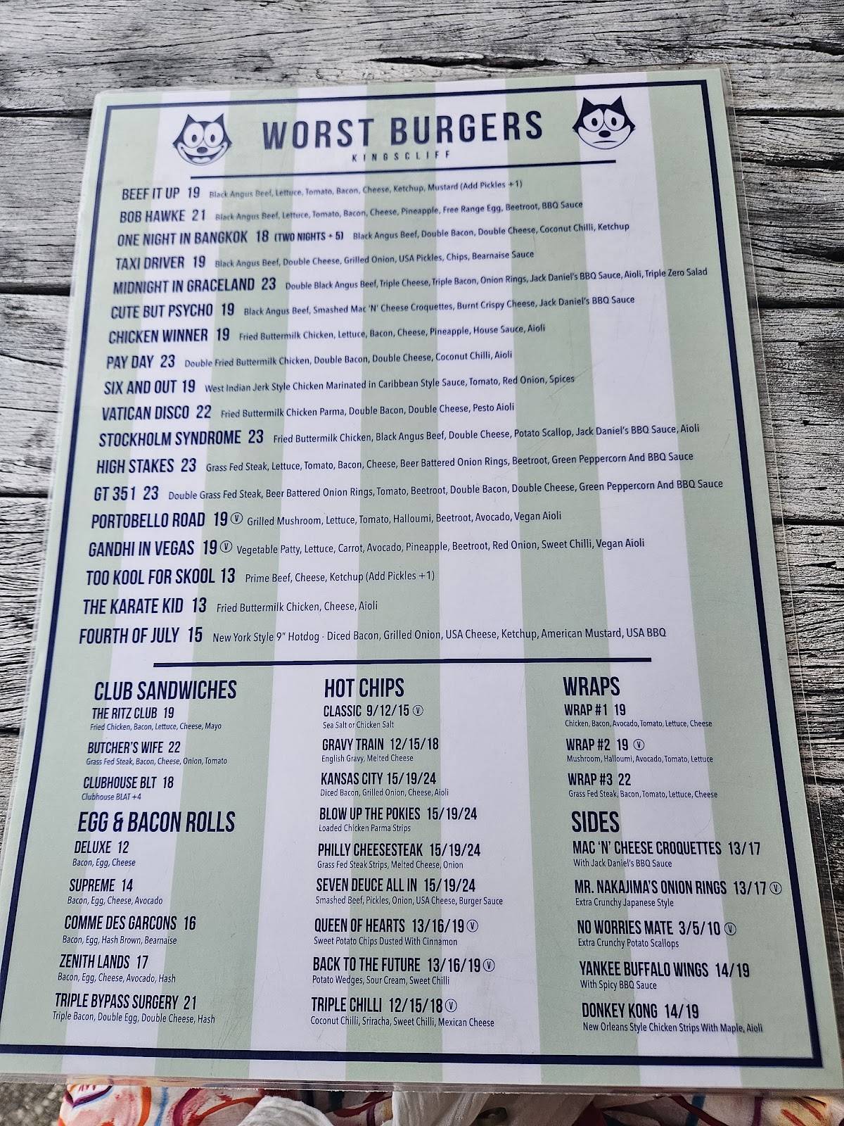 Menu at WORST BURGERS restaurant, Kingscliff