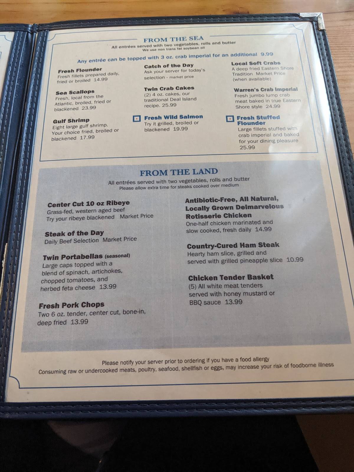 Menu at Warren's Station restaurant, Fenwick Island