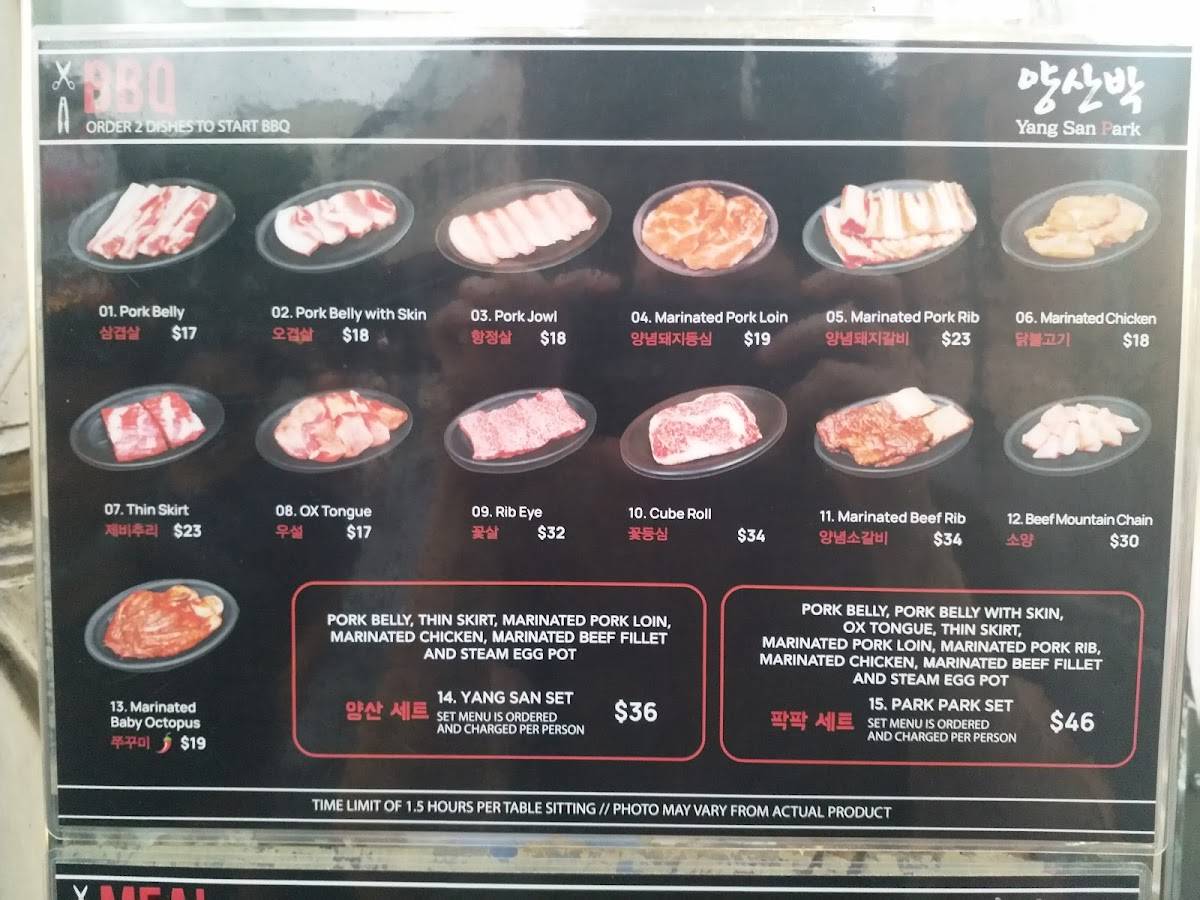 Menu at Yang San Park restaurant, Sydney