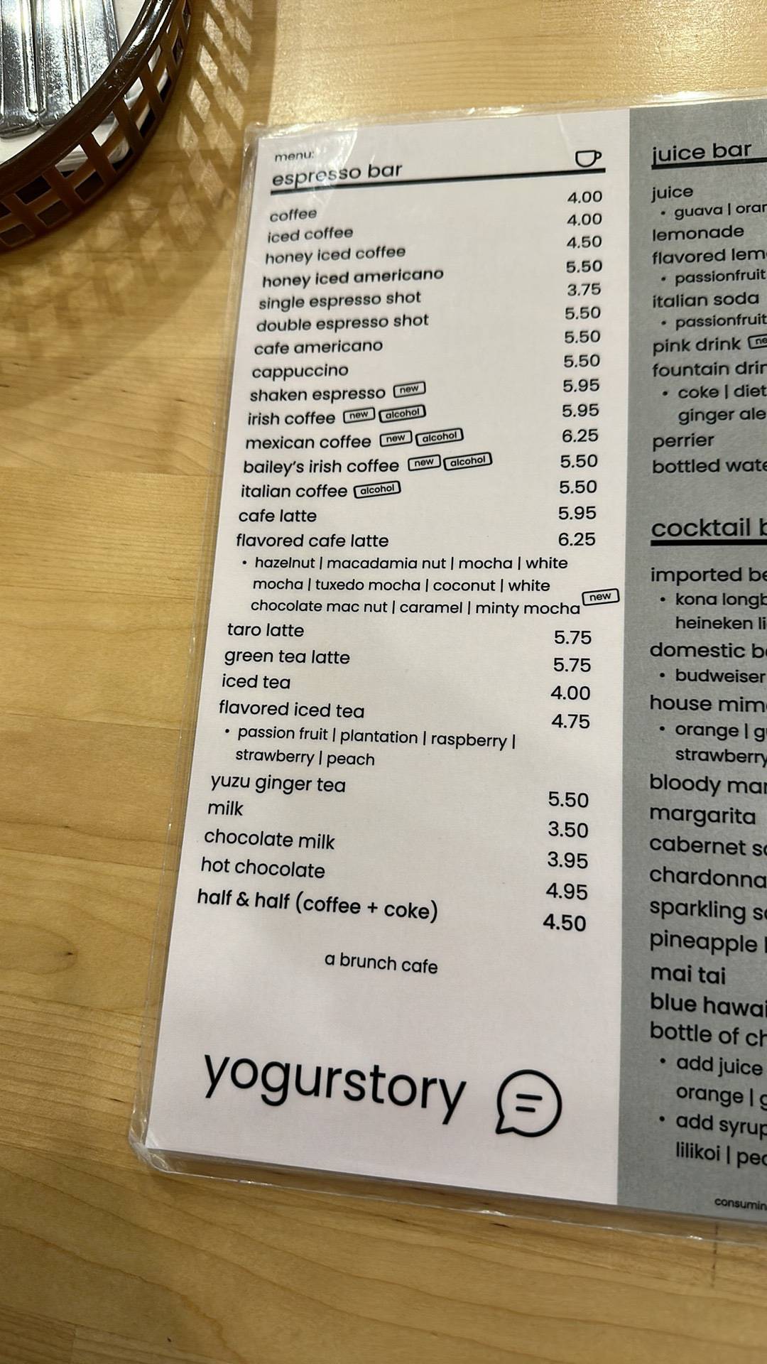Menu at YogurStory restaurant, Honolulu, 745 Ke’eaumoku St